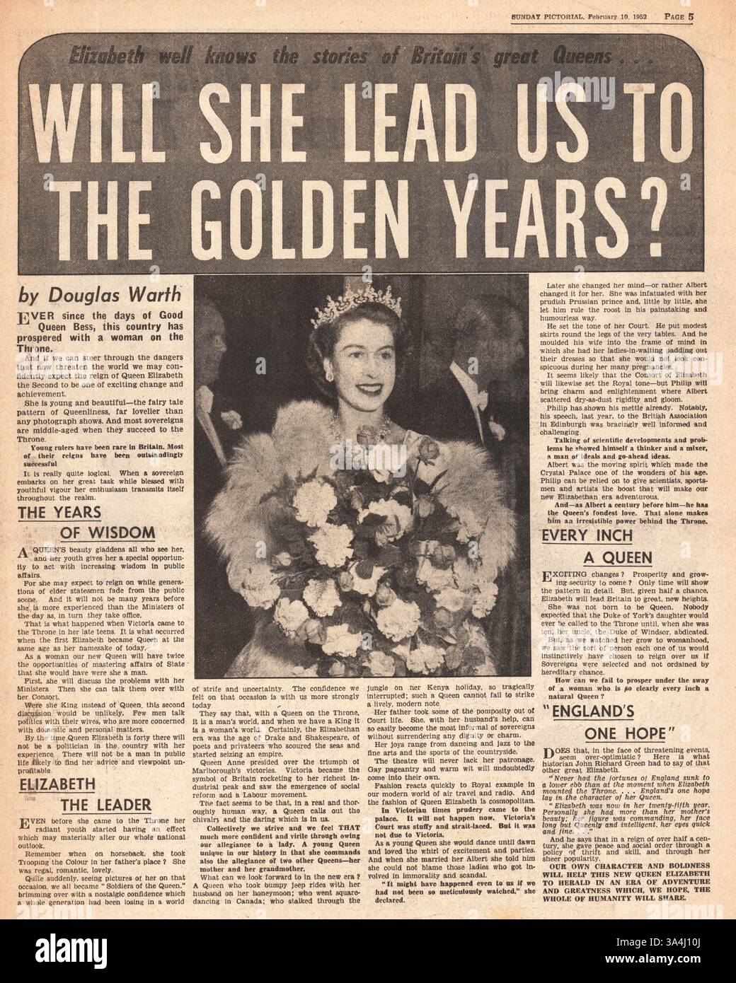 1952 Sunday Pictorial front page reporting Elizabeth proclaimed Queen ...