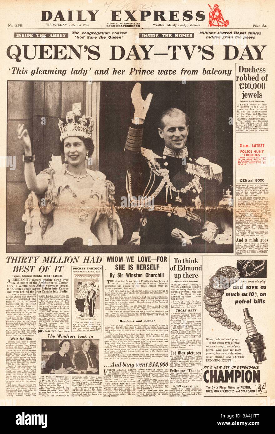 1953 Daily Express front page reporting Coronation of Queen Elizabeth ...