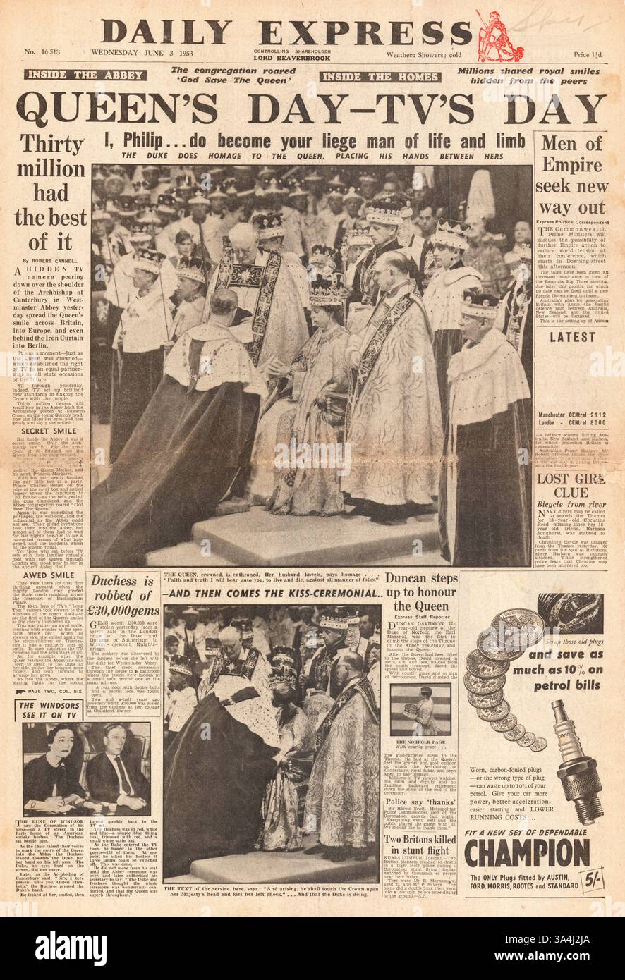 1953 Daily Express front page reporting Coronation of Queen Elizabeth ...
