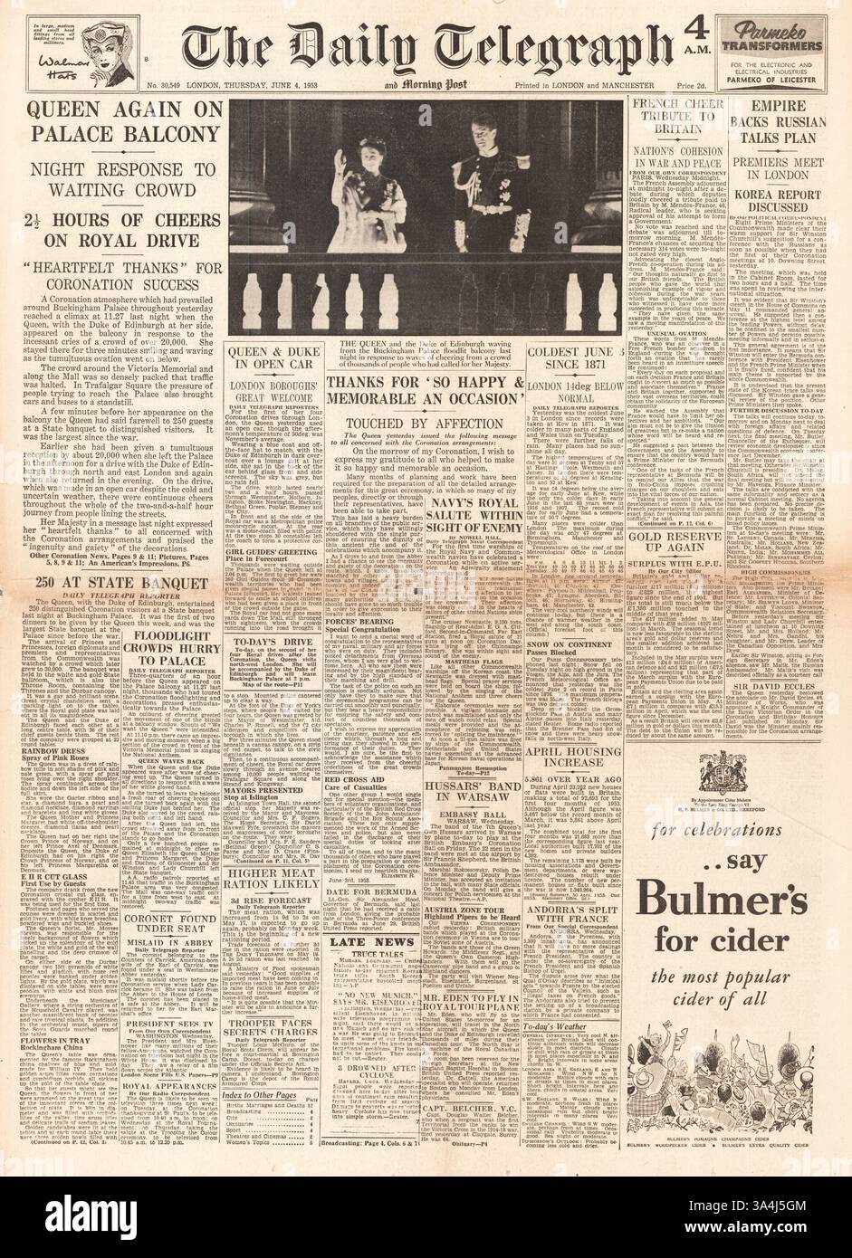 1953 Daily Telegraph front page reporting Coronation of Queen Elizabeth ...