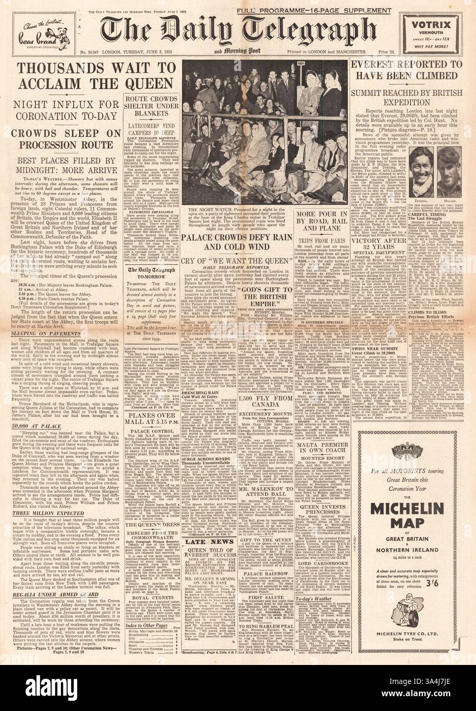 1953 Daily Telegraph front page reporting Coronation of Queen Elizabeth ...
