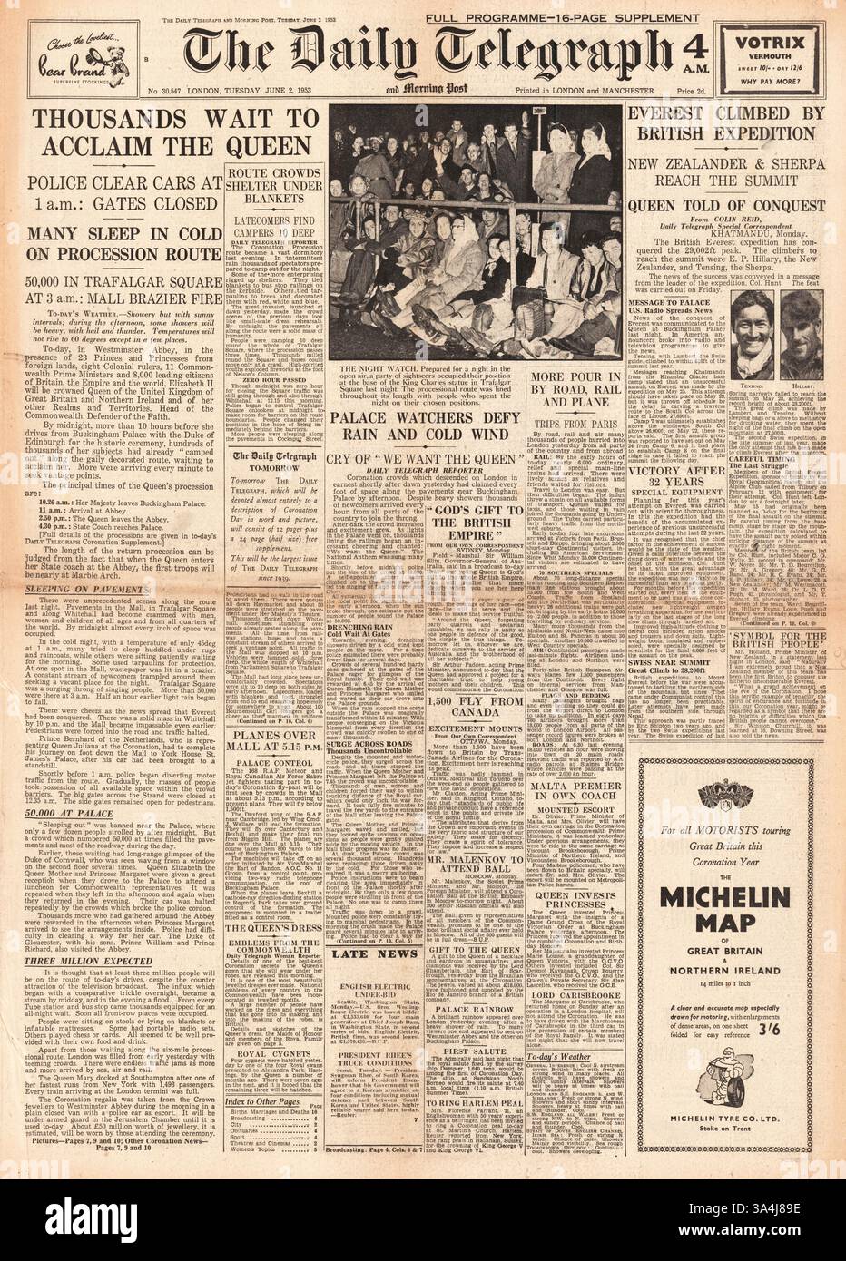 1953 Daily Telegraph front page reporting Coronation of Queen Elizabeth ...