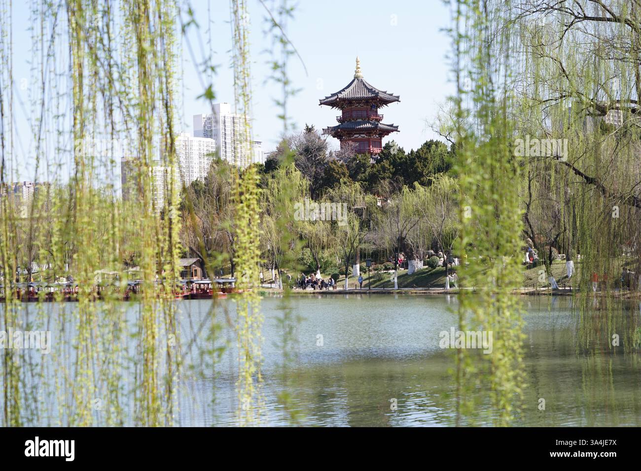 Tourists admire spring scenery at the Xingqinggong Park in Xi'an City ...