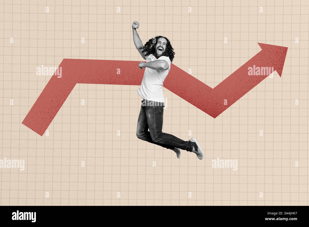 Composite trendy magazine photo collage of happy businessman jump arrow ...