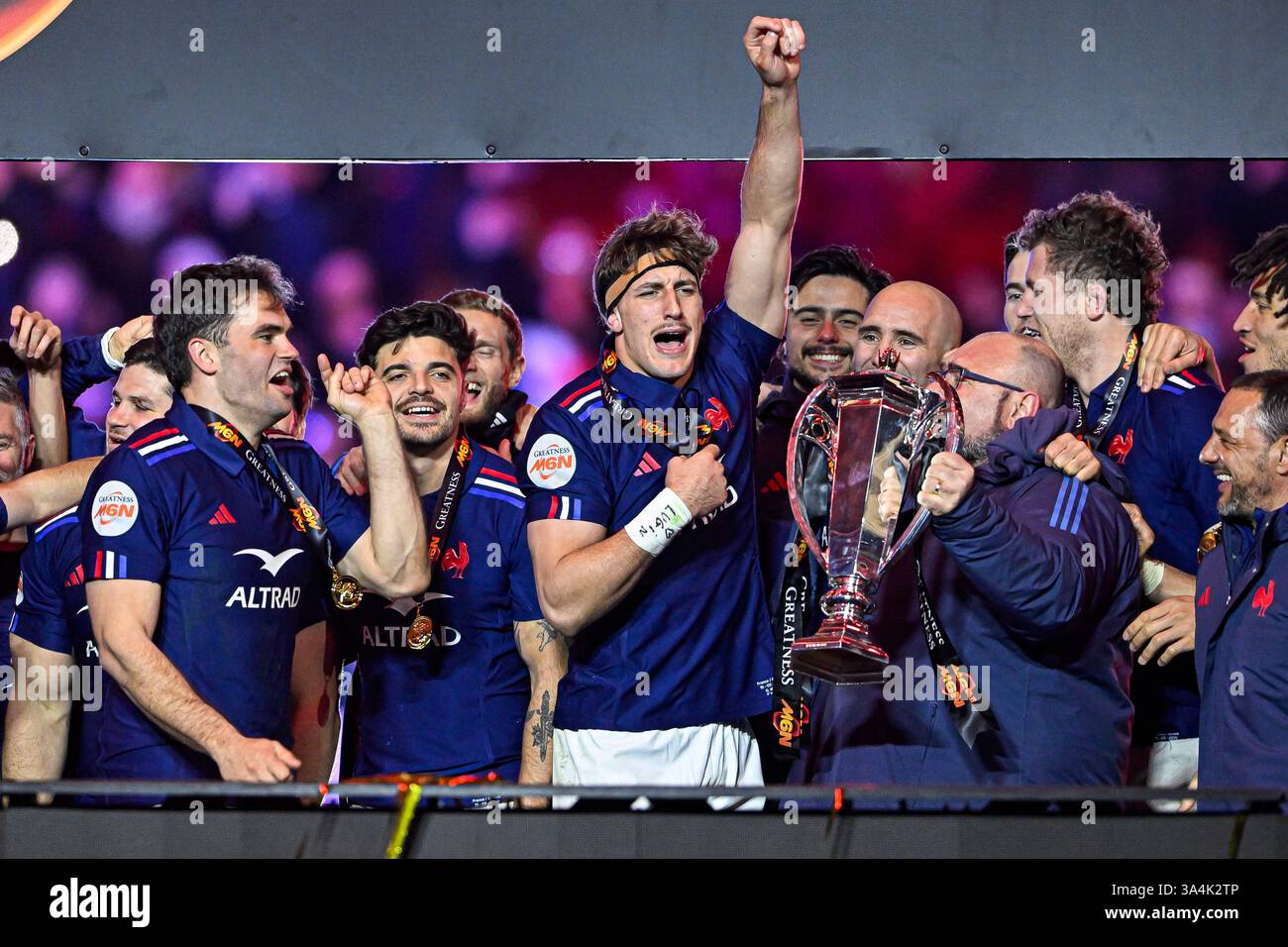 Damian Penaud Oscar Jegou Romain Ntamack during the 6 or Six Nations Championship rugby match XV ...