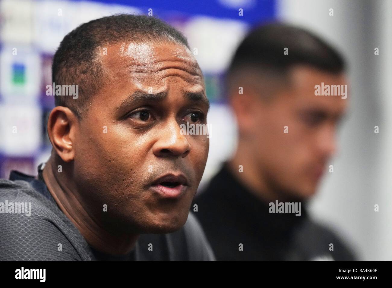 Indonesia's coach Patrick Kluivert reacts during a press conference ahead of the World Cup ...
