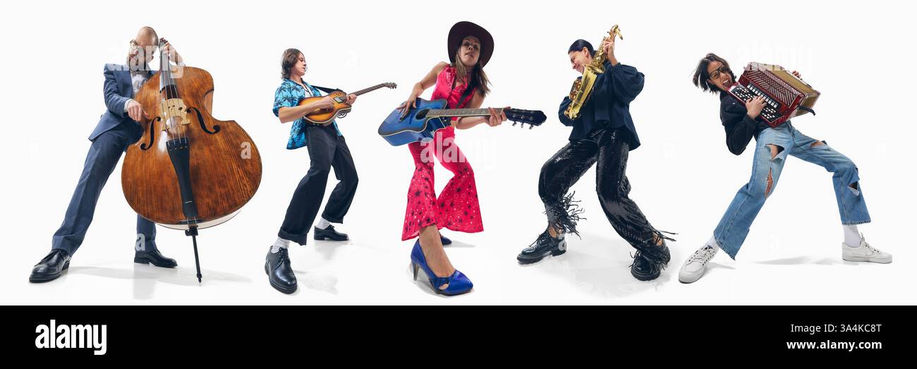 Collage made with people playing different music instruments with ...