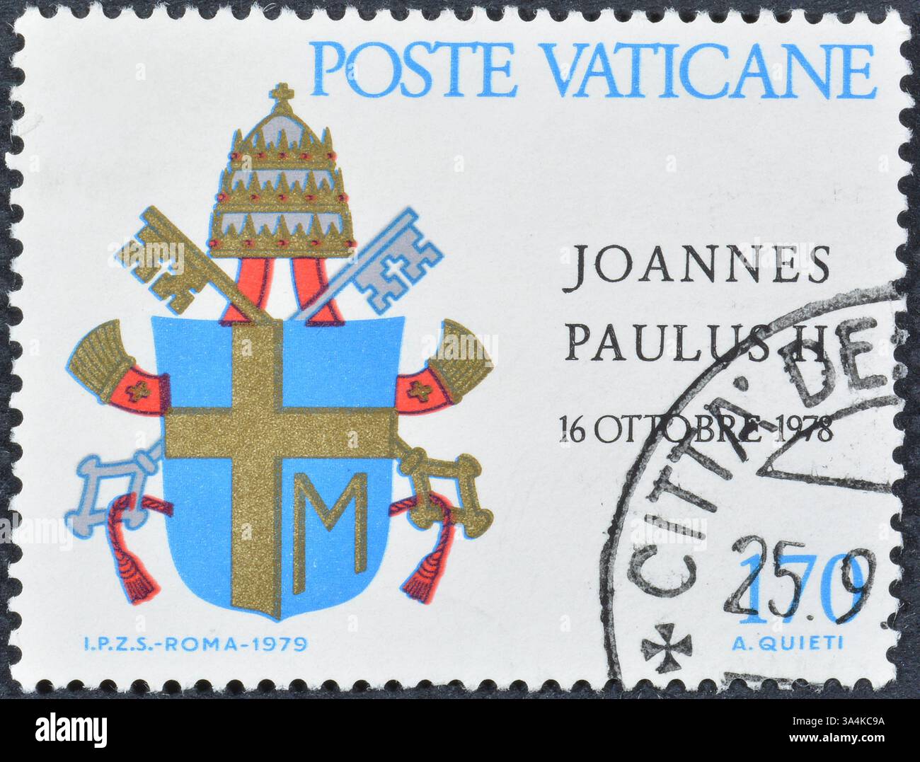 Cancelled postage stamp printed by Vatican city, that shows Coat of Arms of Pope Johannes Paulus ...