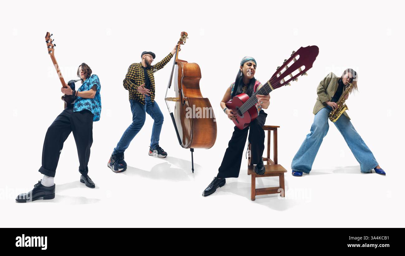 Set of four people, talented musicians performing against white ...
