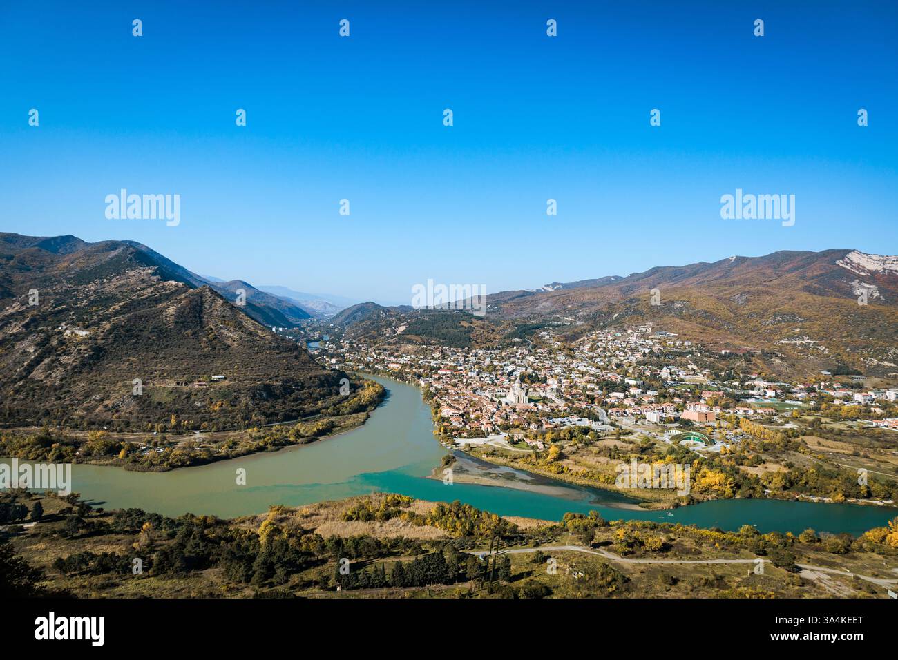 Confluence of Aragvi and Kura rivers with the historic town of Mtskheta ...