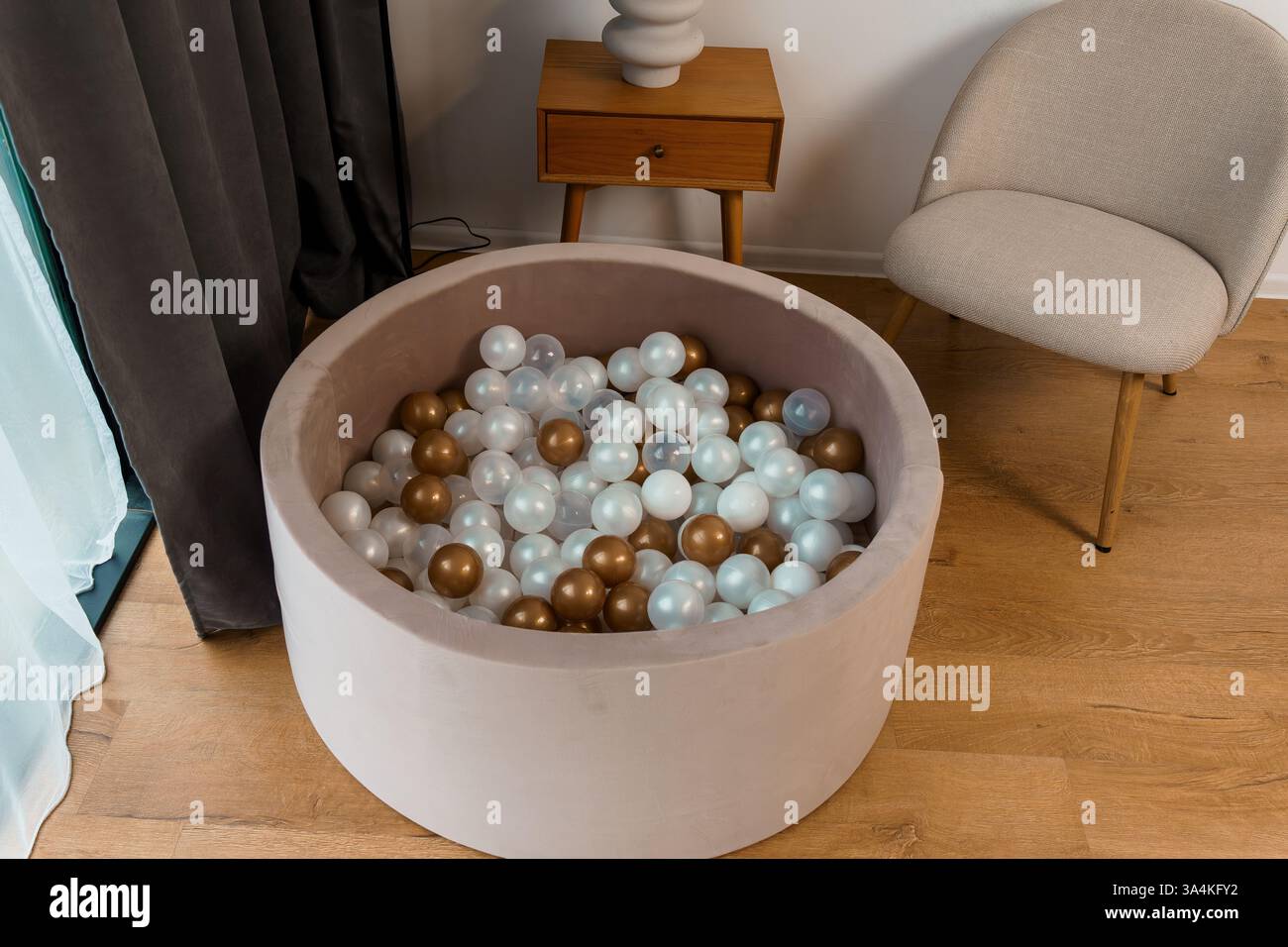 Modern Beige Ball Pit Filled with White and Golden Balls in Stylish ...