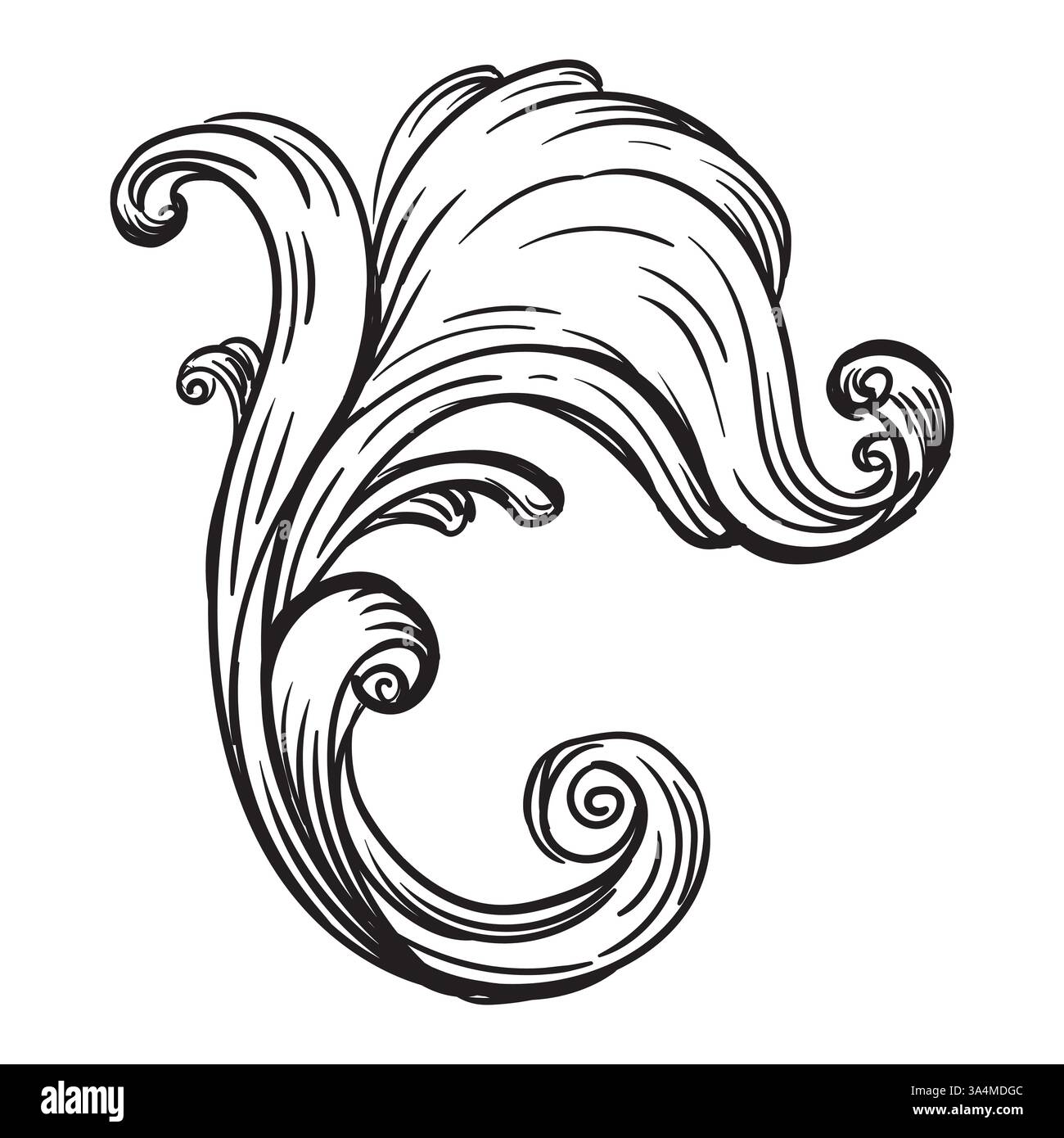 Hand drawing ornate baroque design element. Engraved damask pattern ...