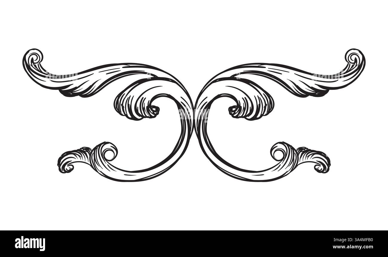 Hand drawing ornate baroque design element. Engraved damask pattern ...