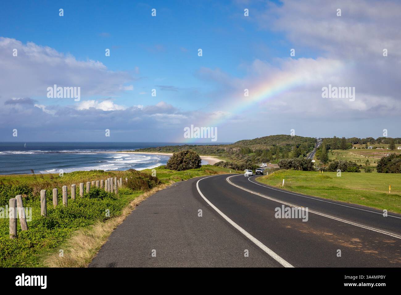Rainbow forms over Sharpes Beach in Ballina Stock Photo - Alamy