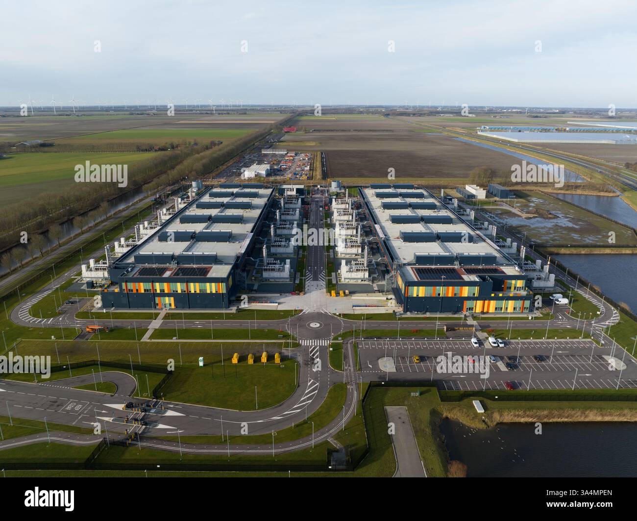 Aerial drone views of a supercomputer data center, artificial ...