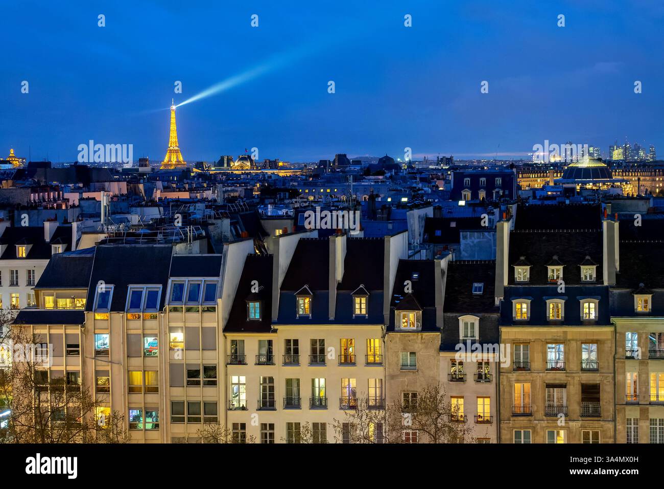 Paris at night, aerial view from Centre Pompidou (or Beaubourg), Eiffel ...