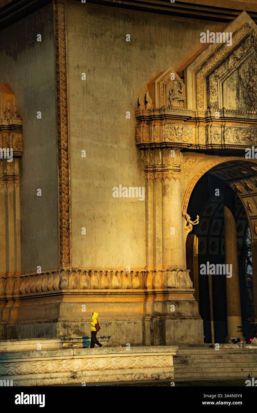 A close-up view of the intricate details on the Patuxai Victory Monument in Laos, showcasing its ...