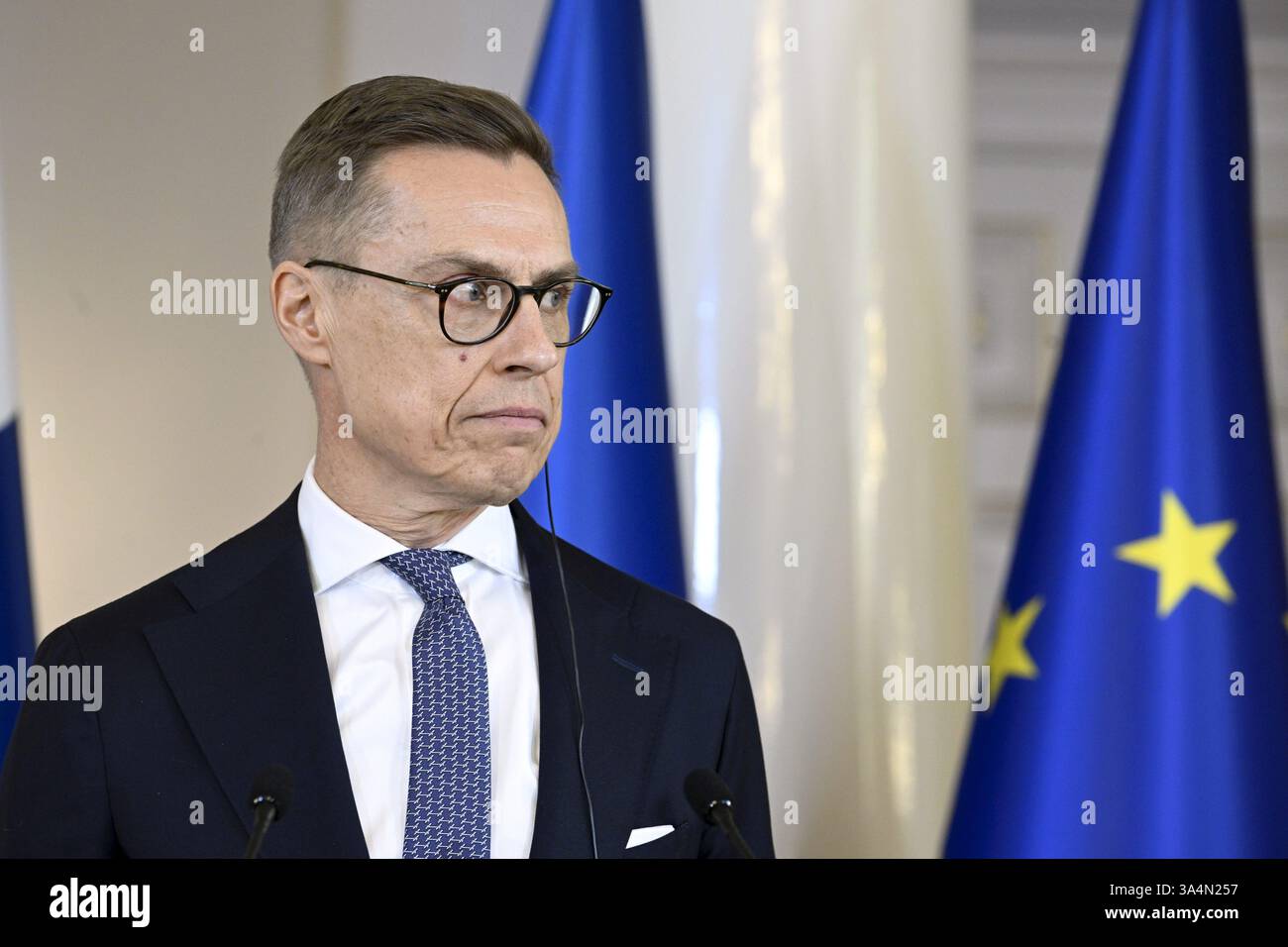 Finnish President Alexander Stubb reacts during his joint press ...