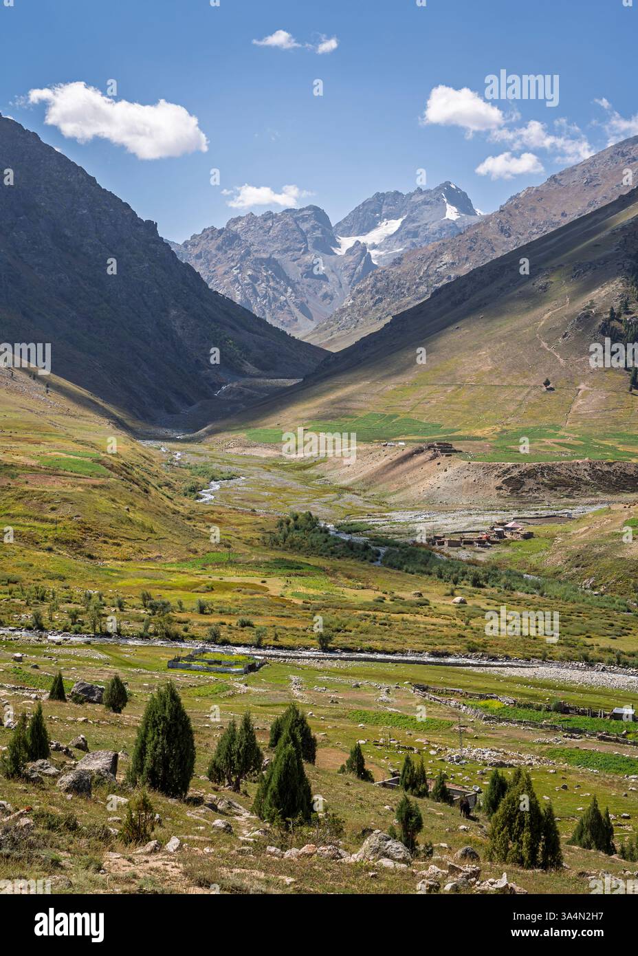 Vertical mountain landscape with rural village in Deosai National Park ...