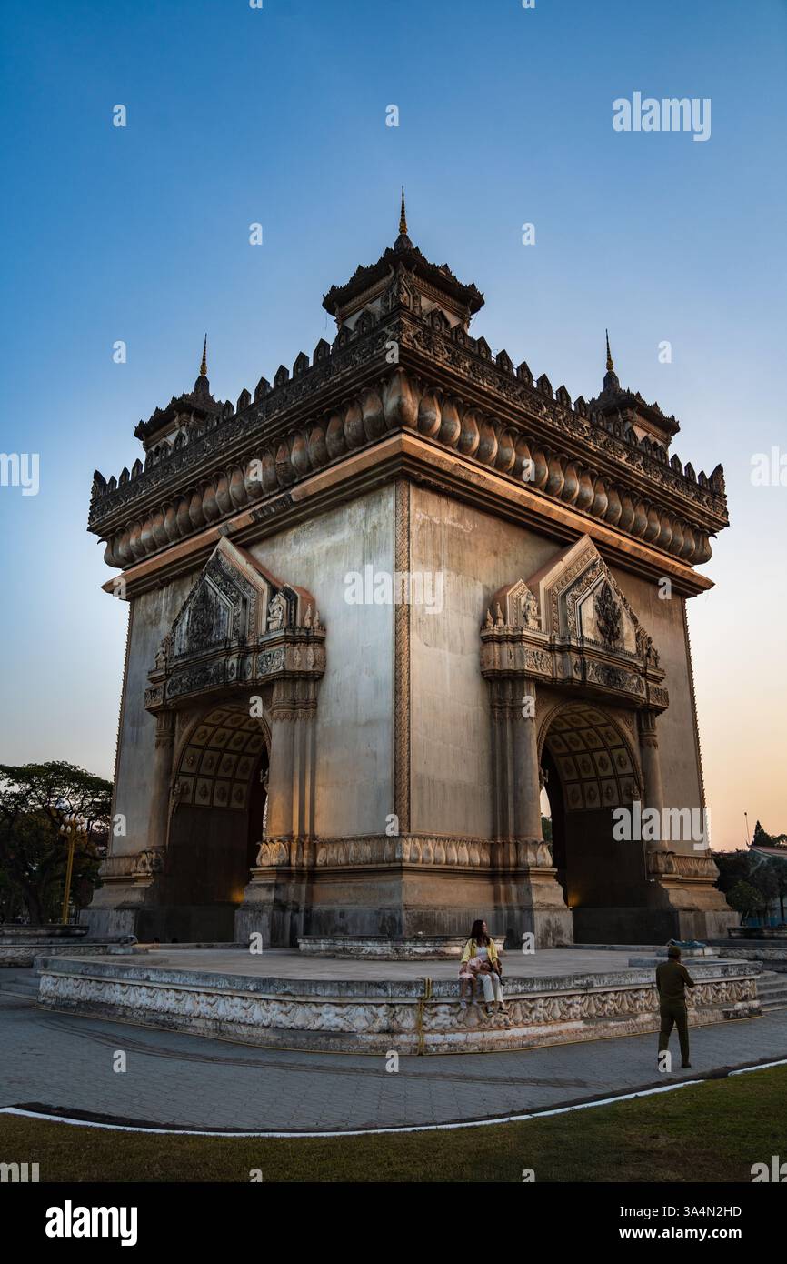 A close-up view of the intricate details on the Patuxai Victory ...