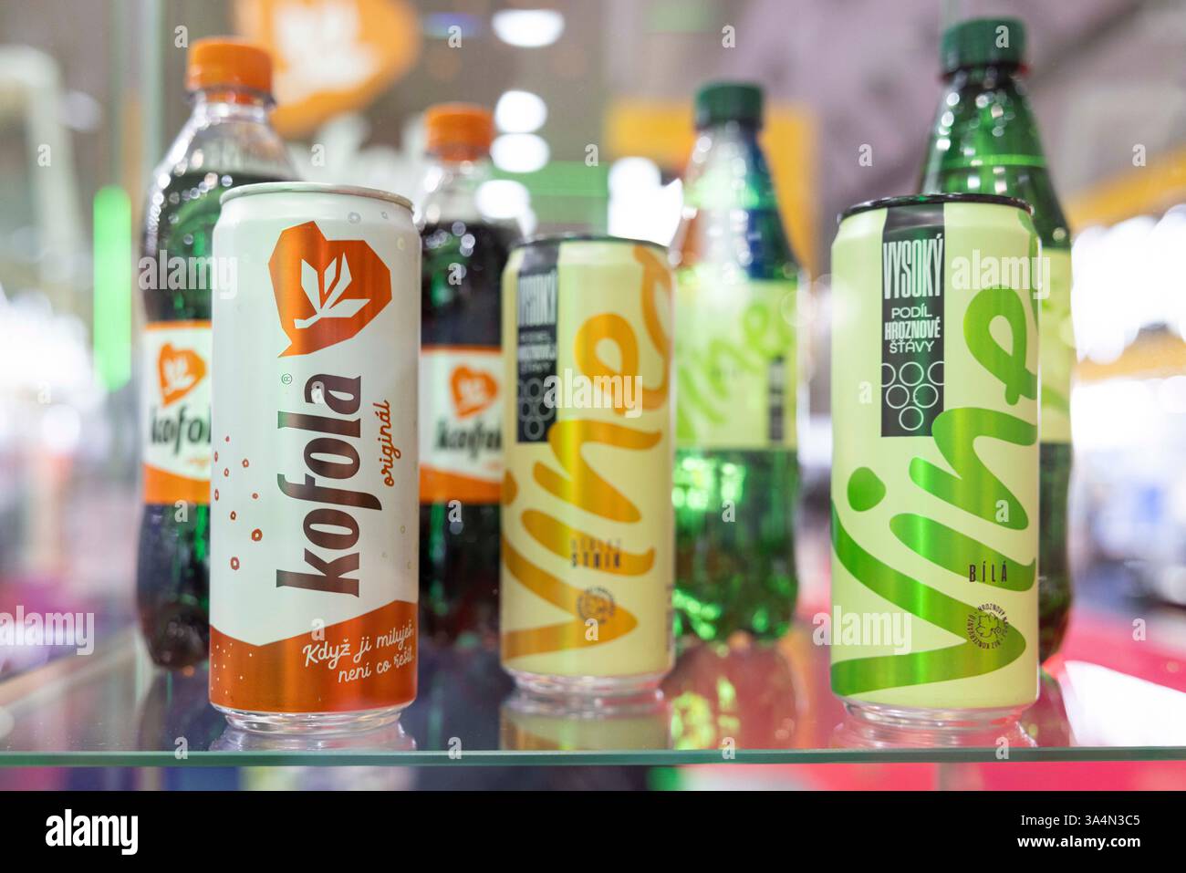 March 12, 2025, Tokyo, Japan: Soft drinks on display inside Czechia's ...