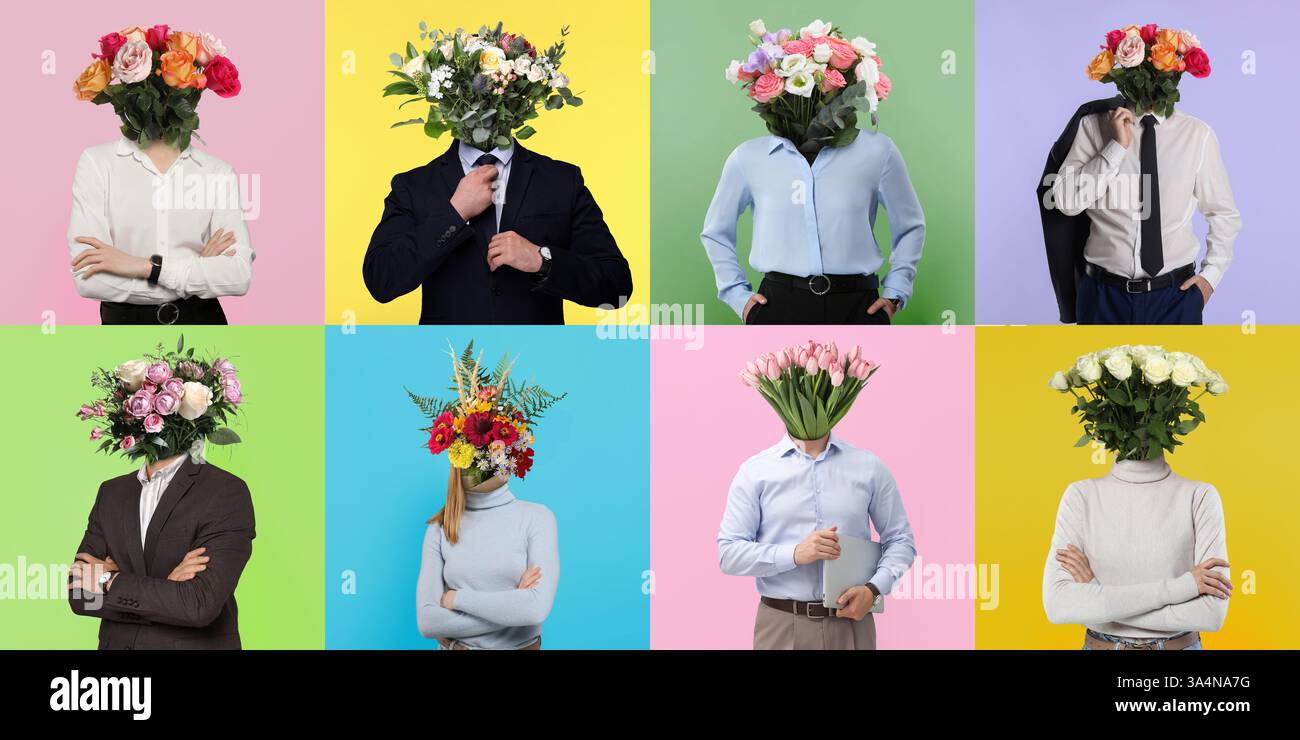 Art collage. People with bouquets of flowers instead of their heads on ...