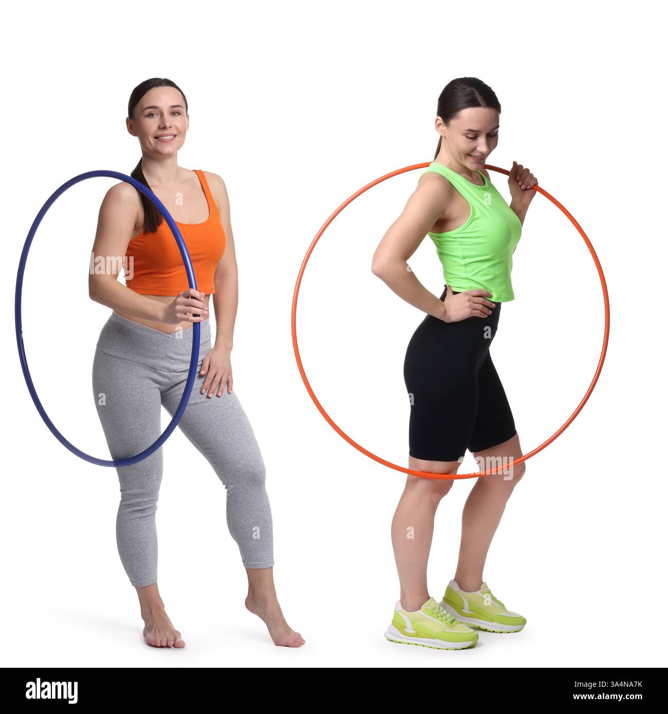Beautiful young woman with hula hoops on white background, collage ...