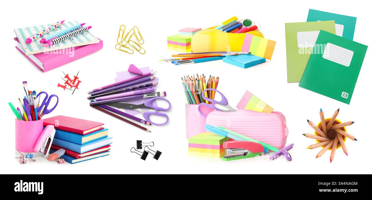 Set of bright school stationery on white background Stock Photo - Alamy
