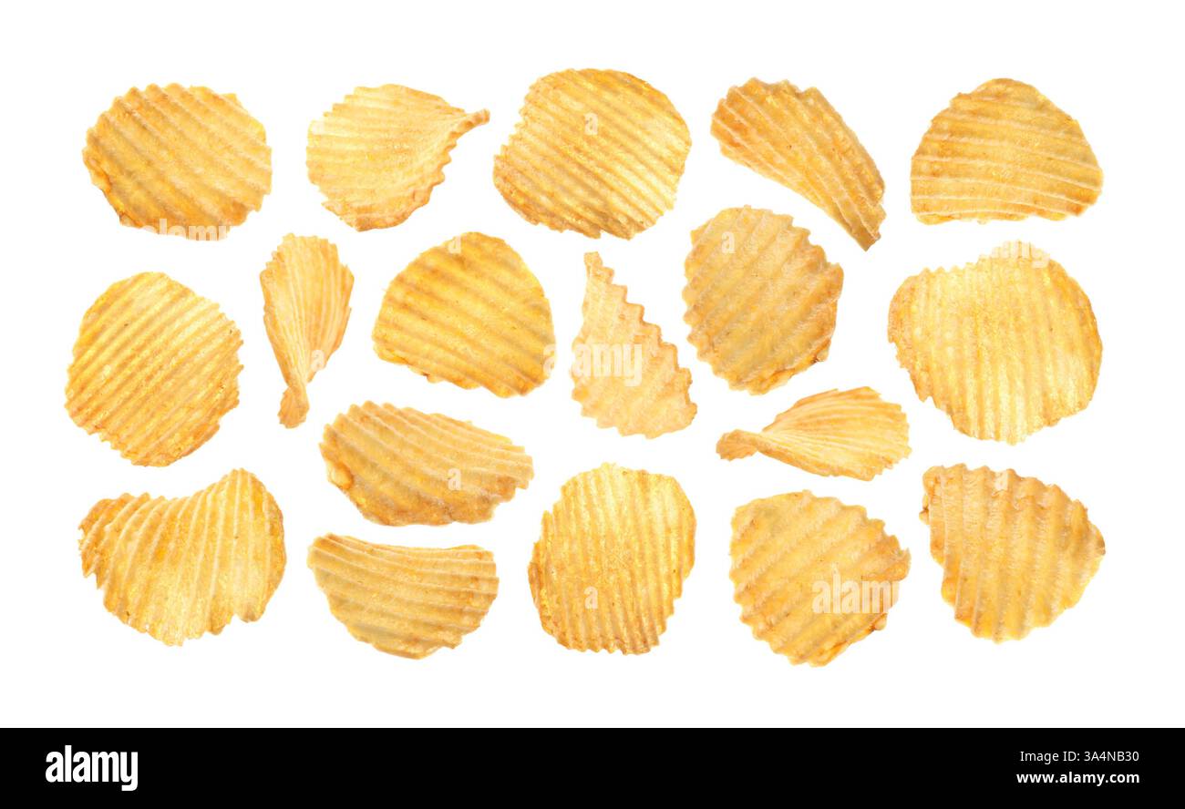 Tasty ridged potato chips on white background, collage Stock Photo - Alamy