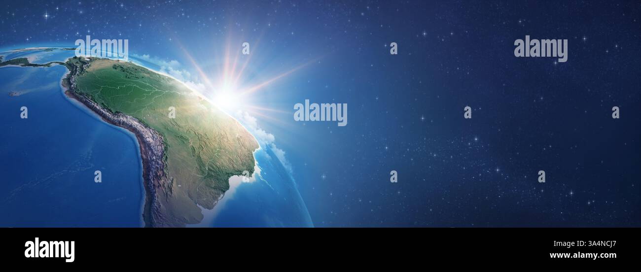 Sunrise on detailed satellite cartography of Earth globe, South America ...