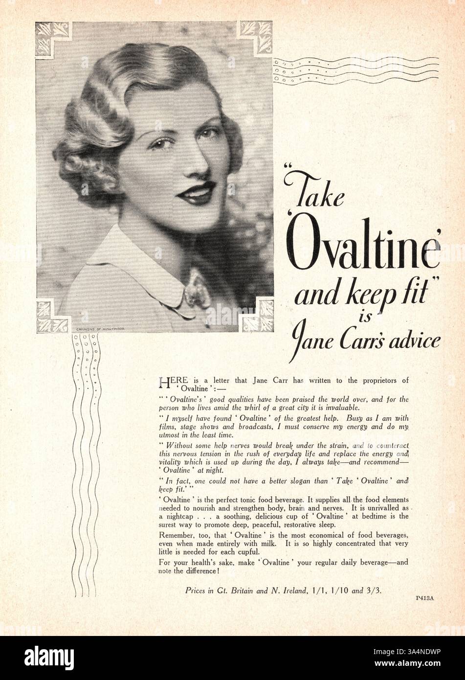 1938 uk ad ovaltine and actress jane carr hi-res stock photography and ...