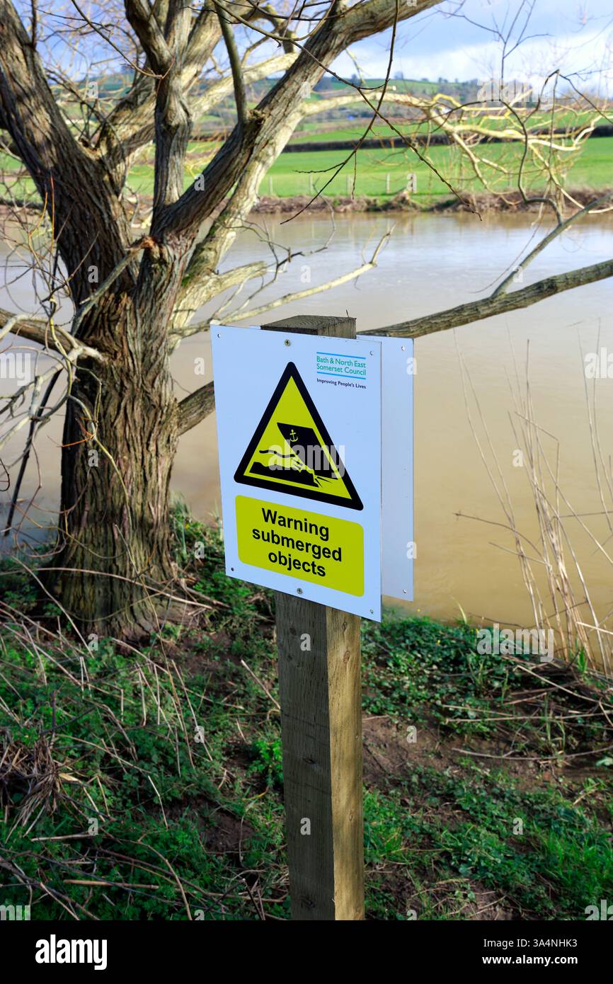 Submerged objects warning sign, Mead Lane, Saltford near Bath, Somerset ...