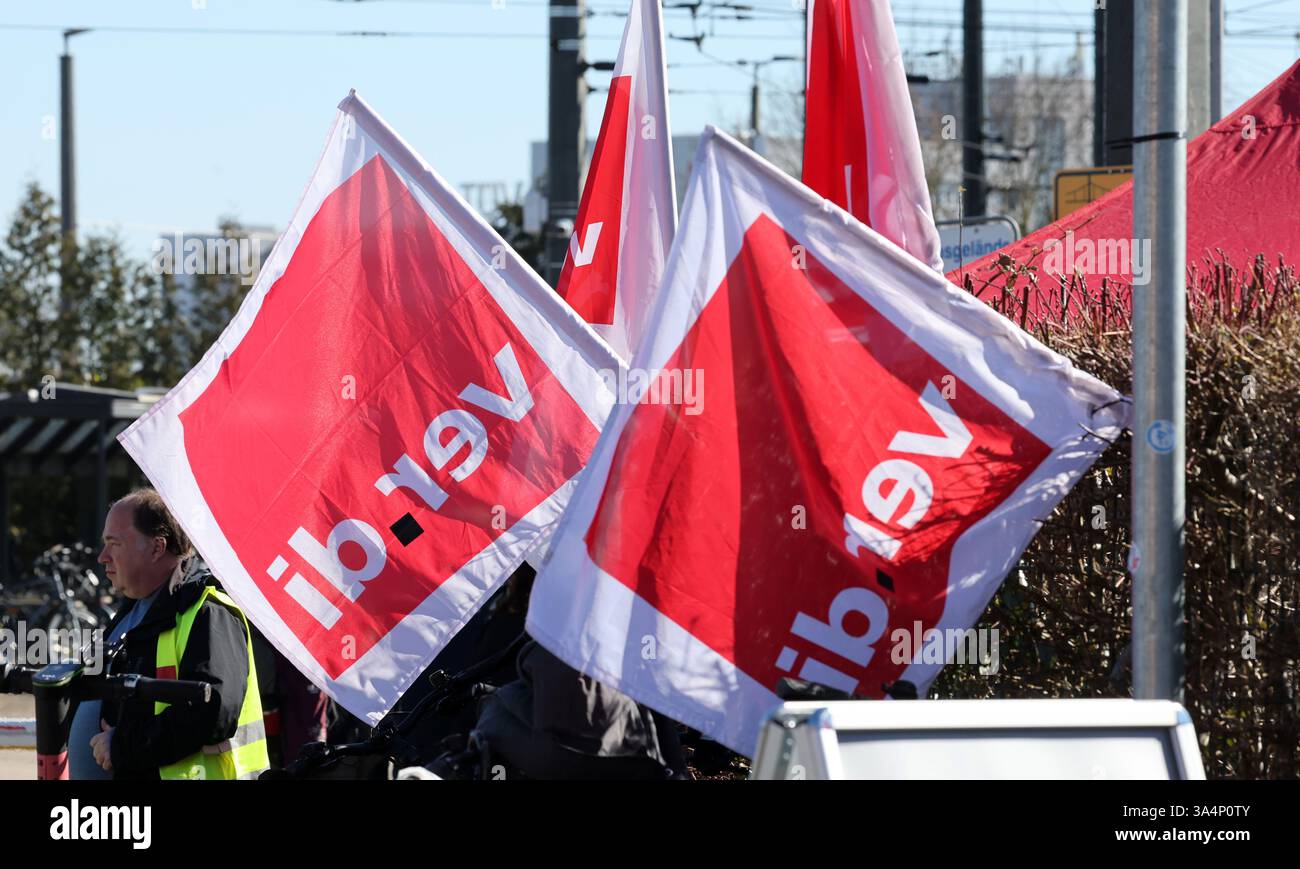 19 March 2025, Mecklenburg-Western Pomerania, Rostock: Verdi flags fly ...