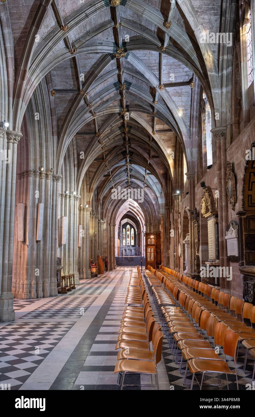Worcester Cathedral, northern side Aisle, with empty seating arranged ...