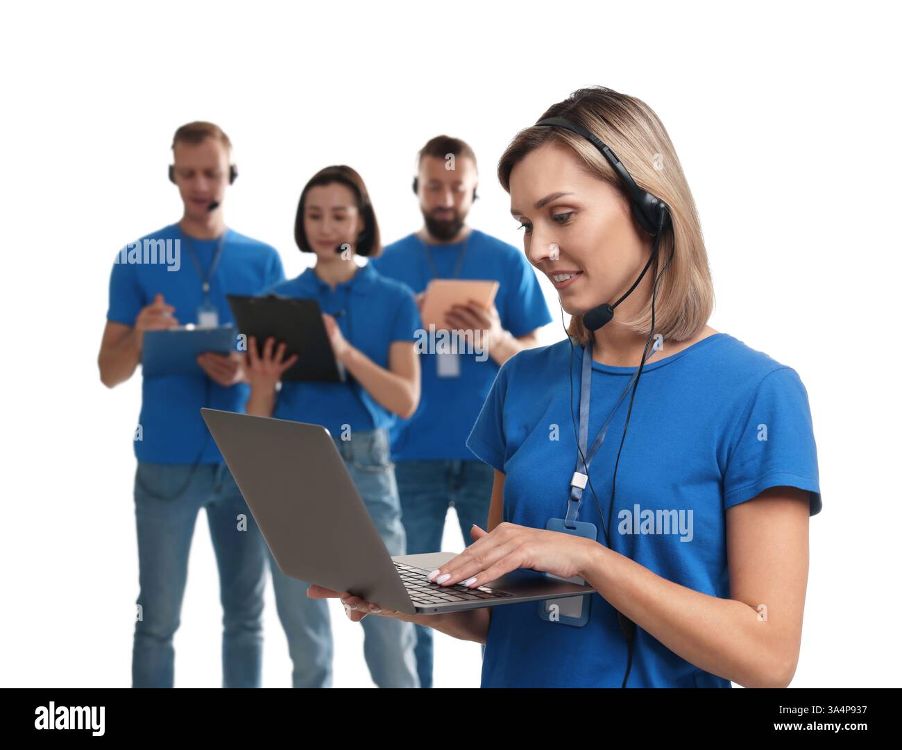 Technical support call center. Team of friendly operators on white ...