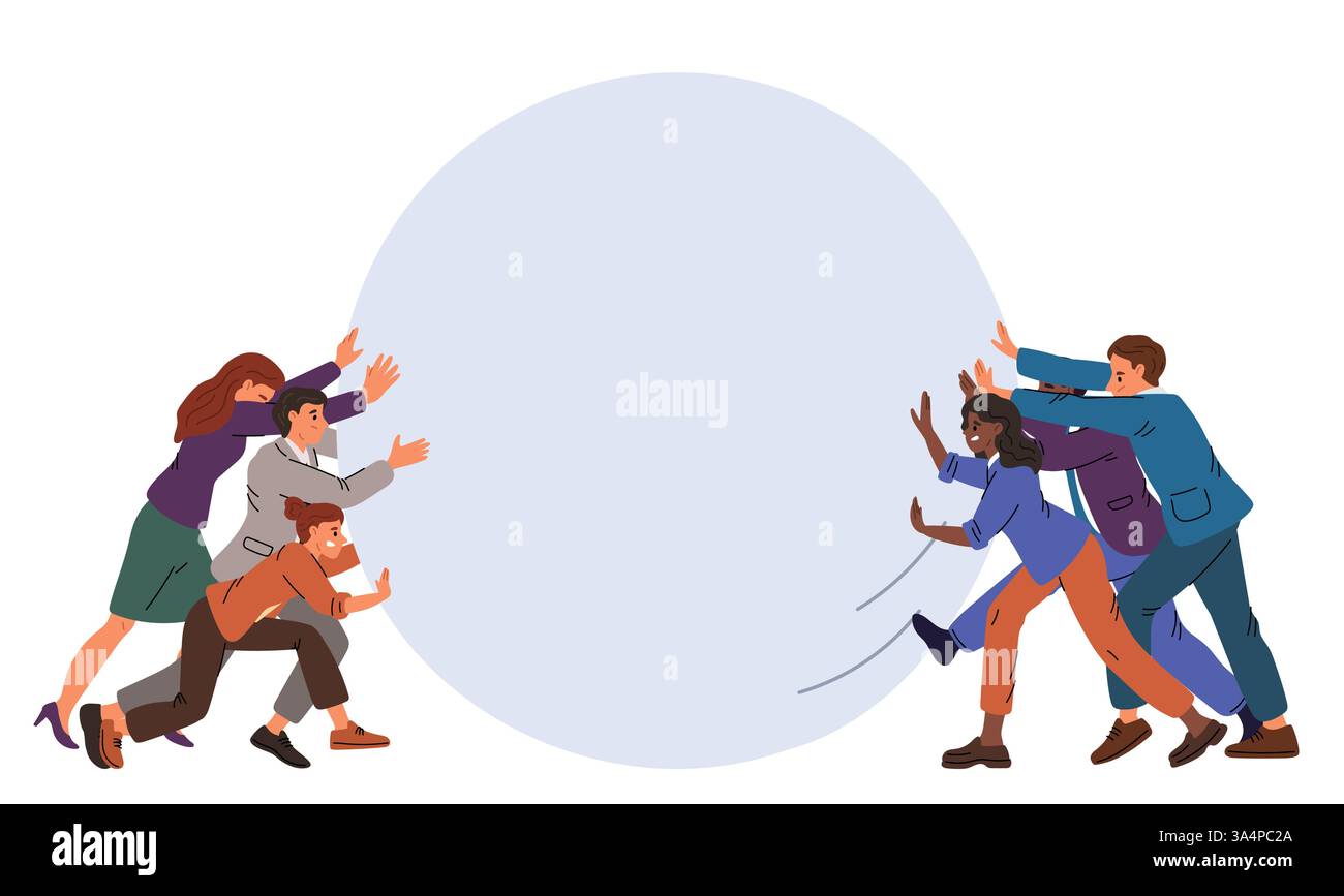 Two teams push balloon against each other. Businessman pulling heavy ...