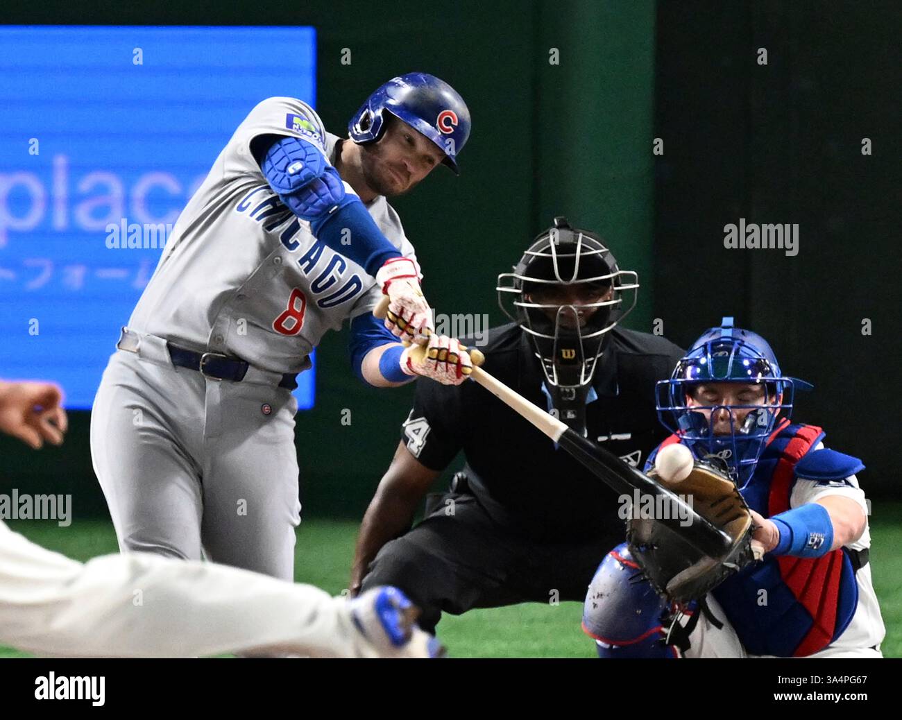 Ian Happ of Chicago Cubs hits a run scoring hit in the 4th inning of ...