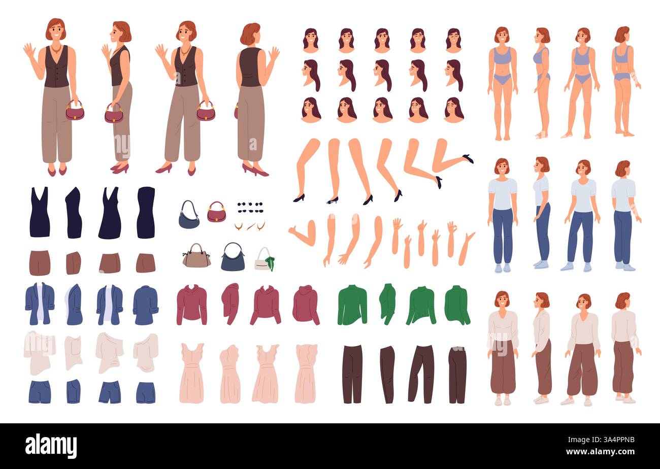Pretty female character kit. Cartoon woman in different clothes ...