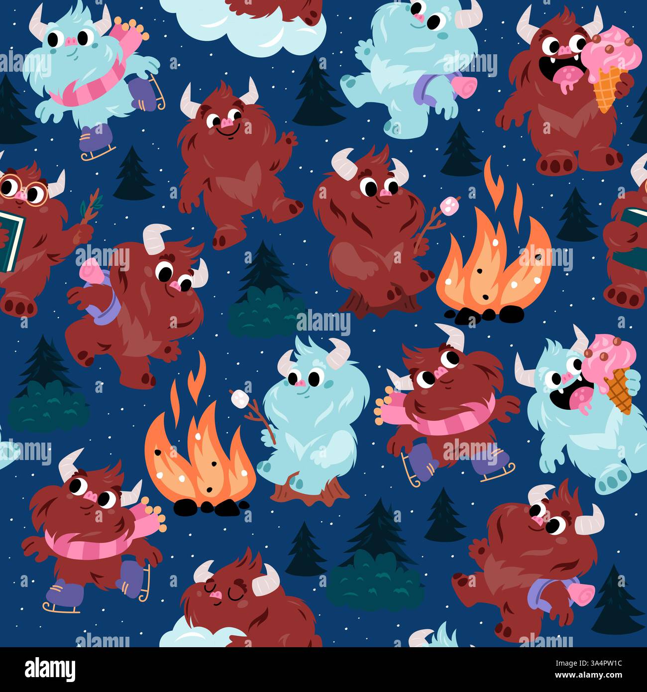 Cartoon yeti. Fantasy furry characters seamless pattern. Bigfoot ...