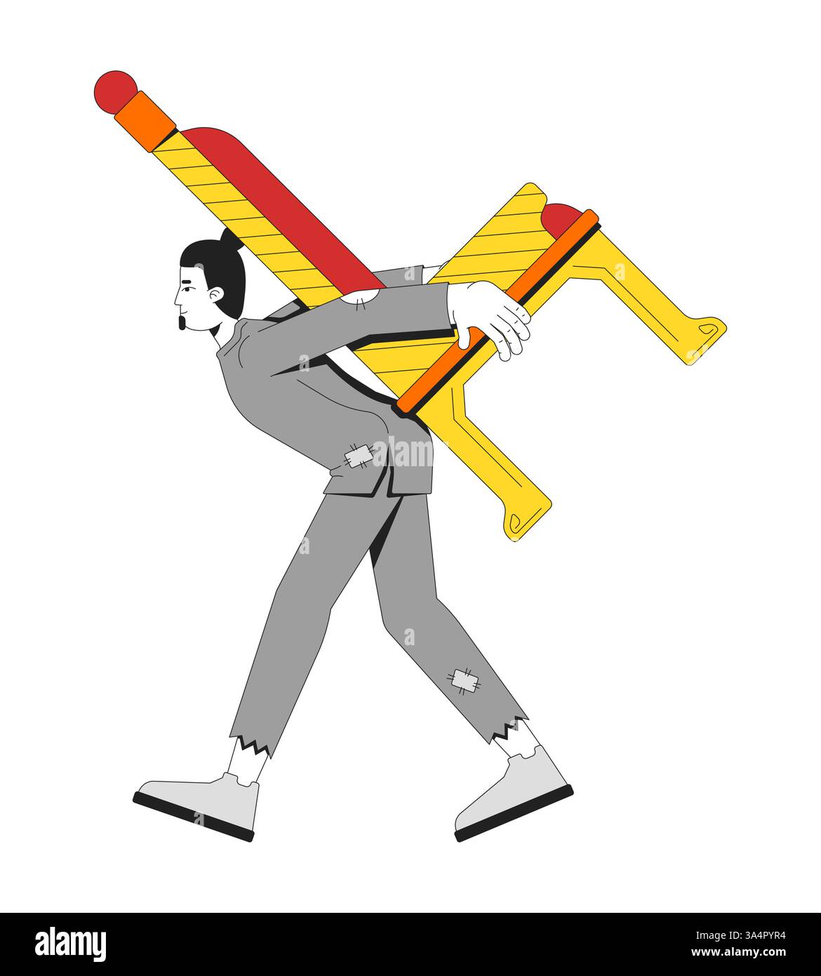 Weary man in tattered clothing carrying king throne on back 2D cartoon ...