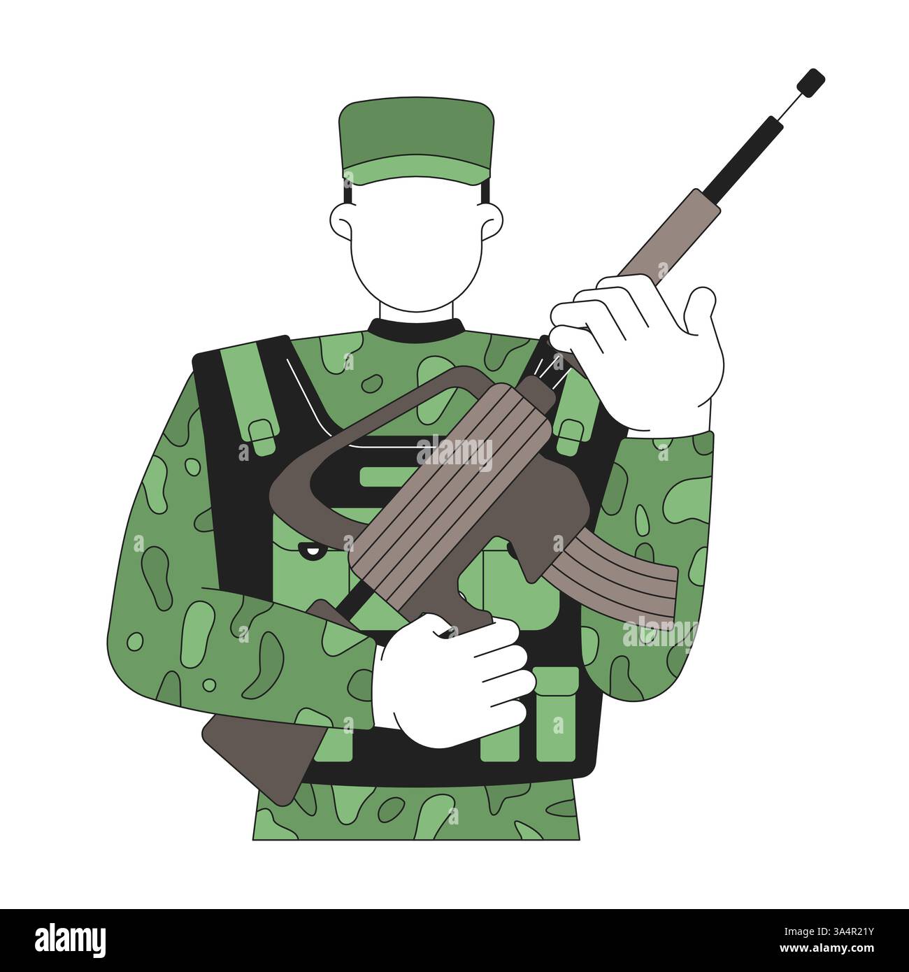 Faceless soldier in camouflage uniform holding military rifle 2D ...