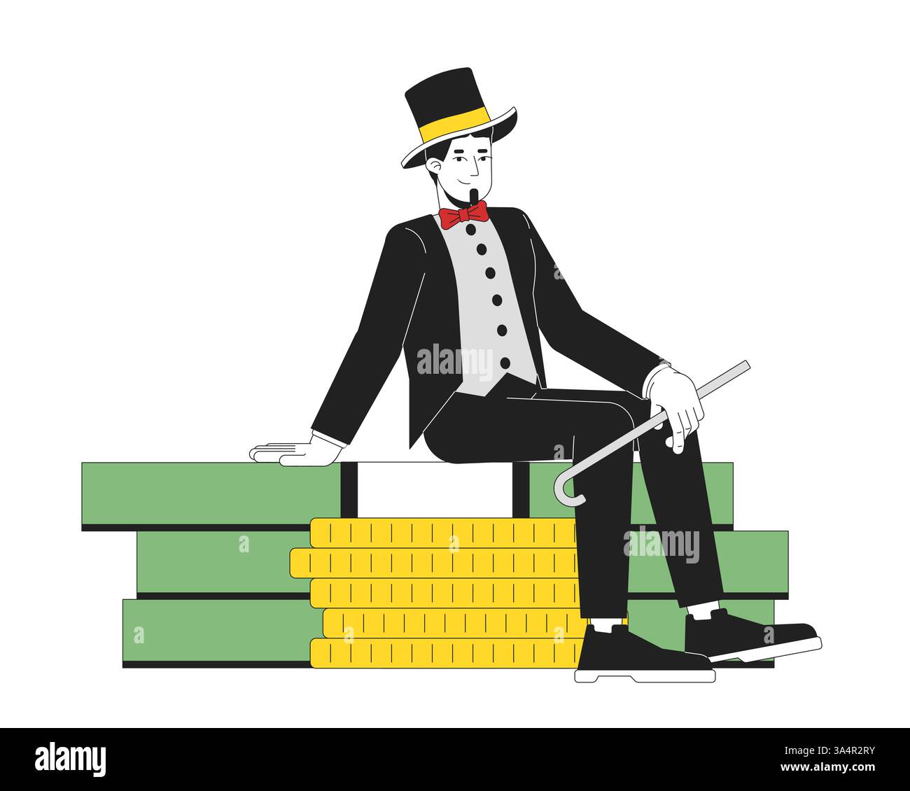 Wealthy man in tuxedo and top hat sitting on money stack 2D cartoon ...