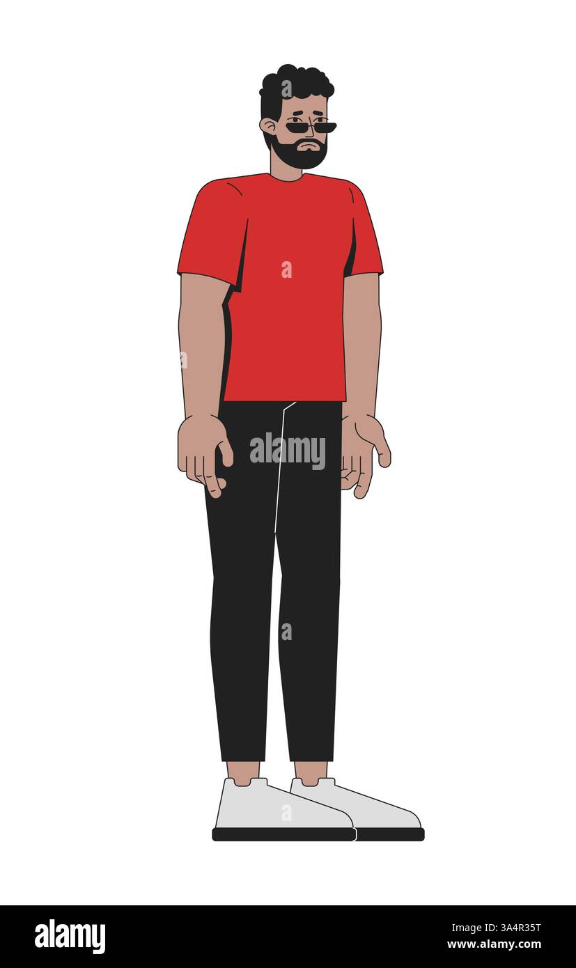 Concerned black man with beard and sunglasses in casual wear 2D cartoon ...