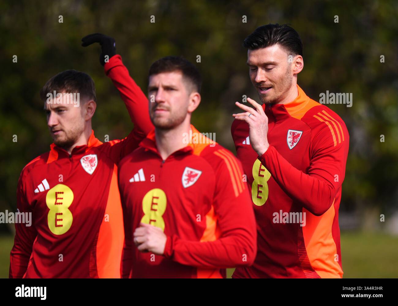Wales' Kieffer Moore (right) during a training session at FAW HQ, Vale ...
