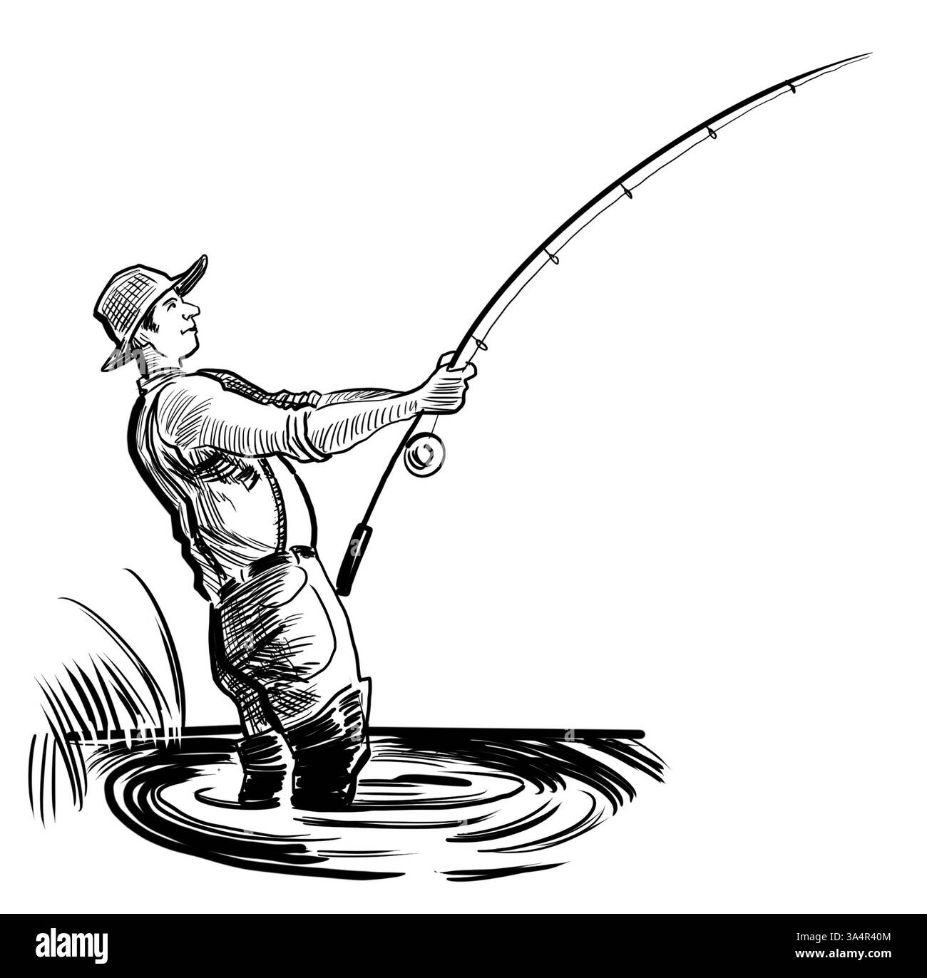 Man with a fishing rod. Hand drawn retro styled black and white ...