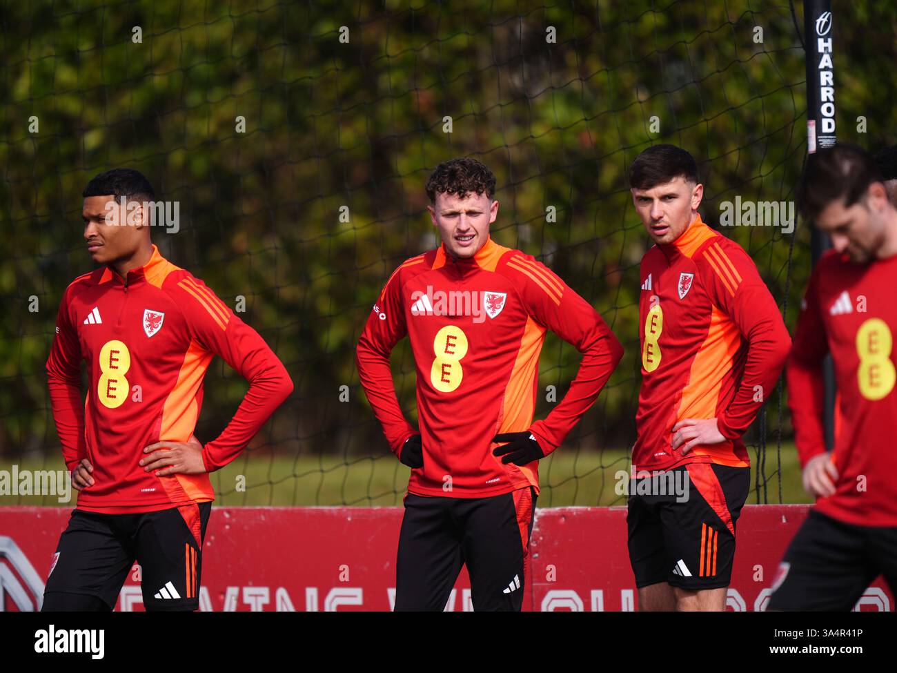 Wales' Nathan Broadhead (centre) during a training session at FAW HQ ...