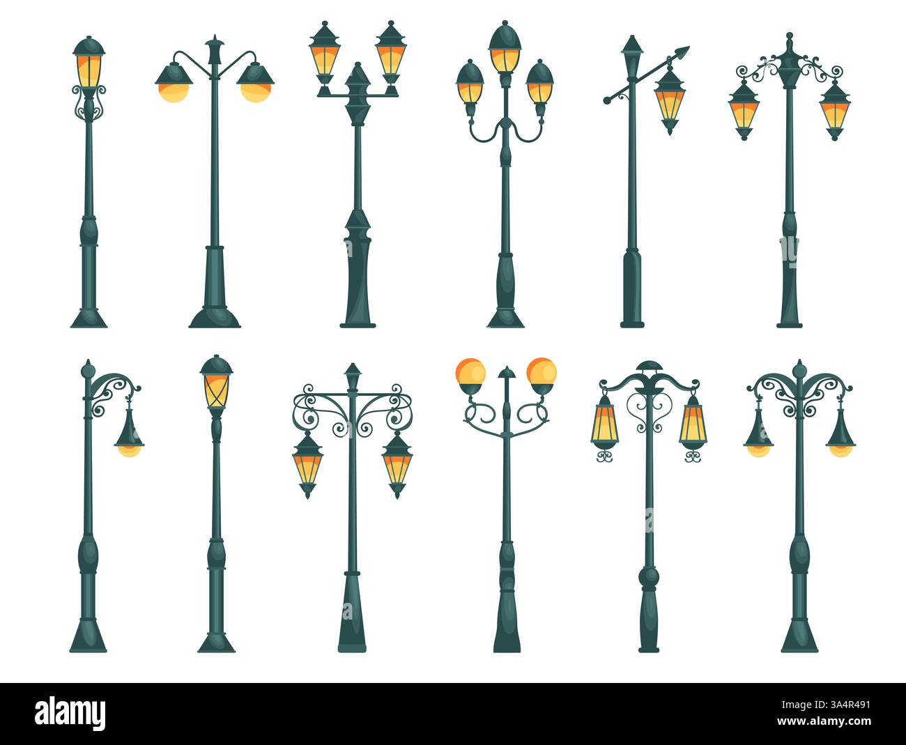 Street city lights. Decorative retro and modern lanterns. Outdoor ...