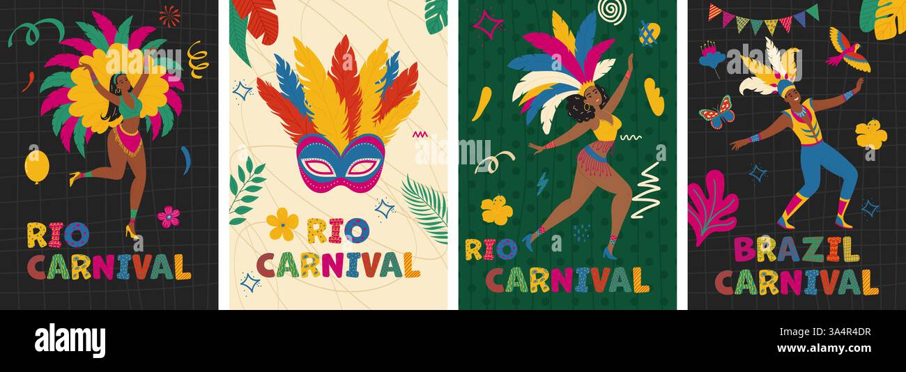 Trendy Brazilian carnival vector poster set. Dancing people, mask ...