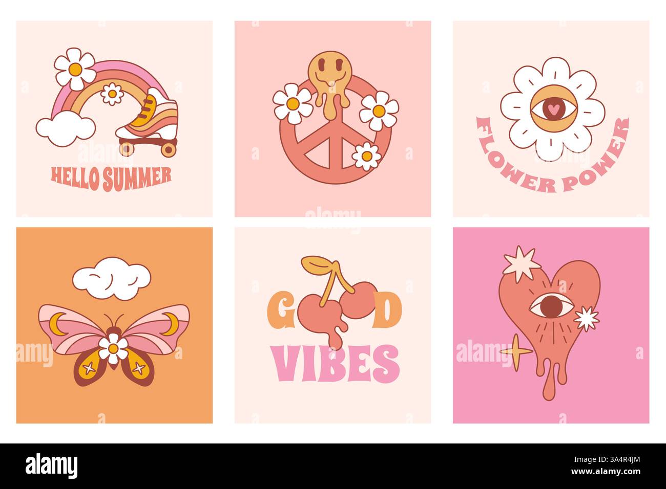 Retro hippie cards. Peace and love mini compositions. Cute groovy ...