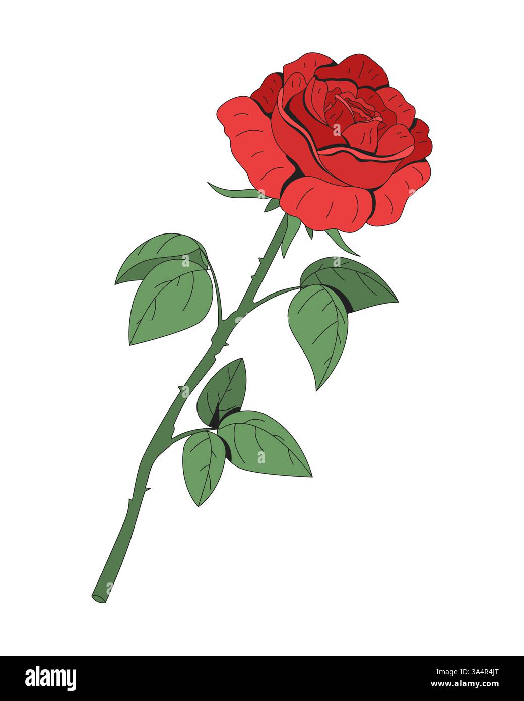 Single red rose with long stem and green leaves 2D cartoon object Stock ...